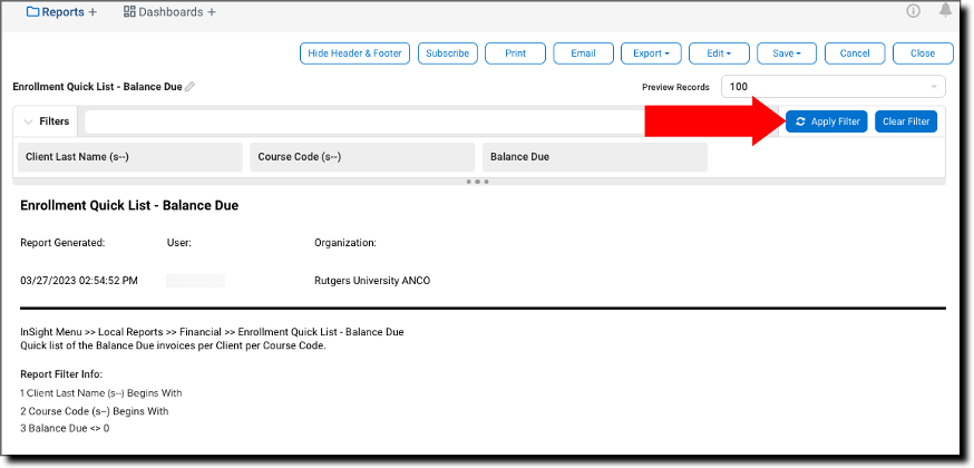 INSIGHT: Enrollment Quick List - Balance Due