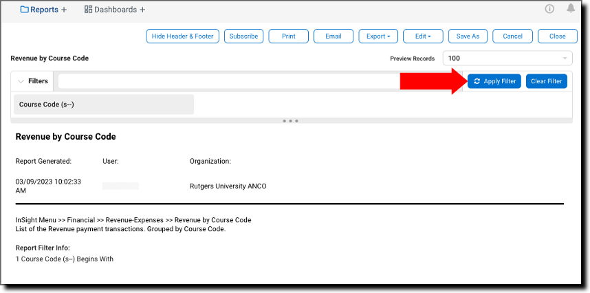 INSIGHT: Revenue by Course Code